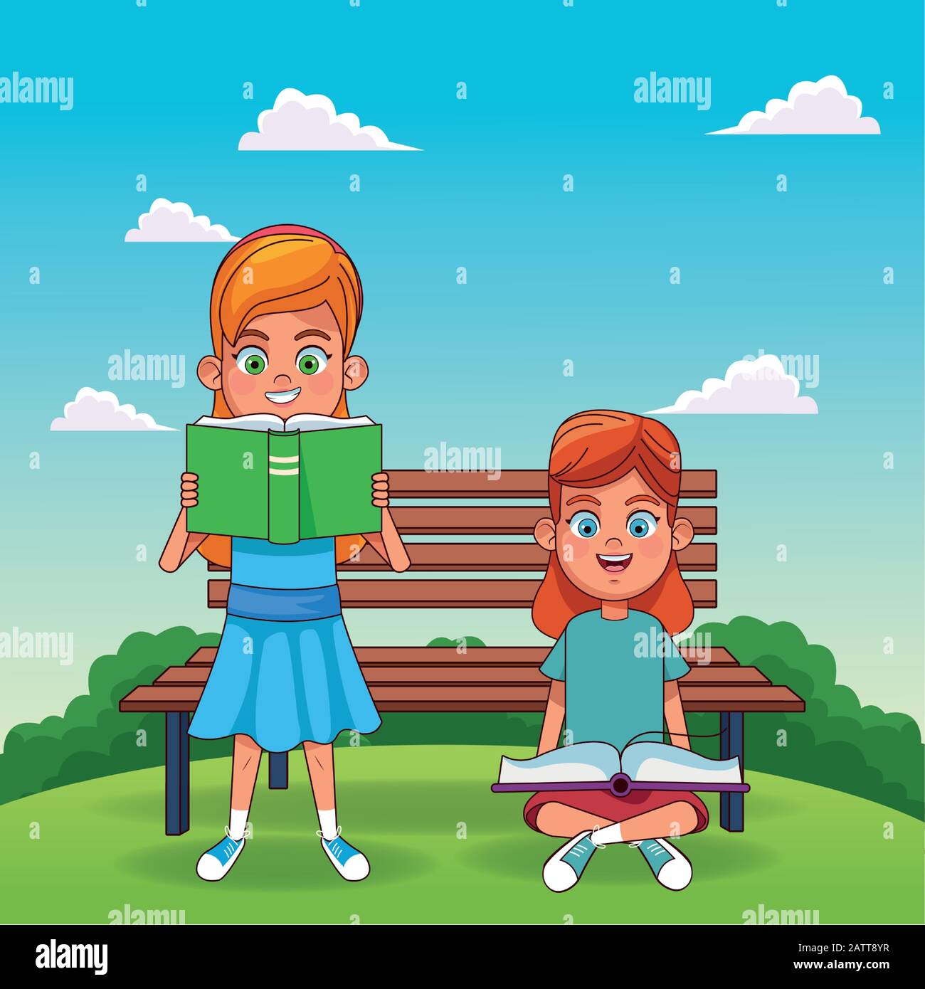 cartoon girls reading books over park bench Stock Vector Image & Art ...