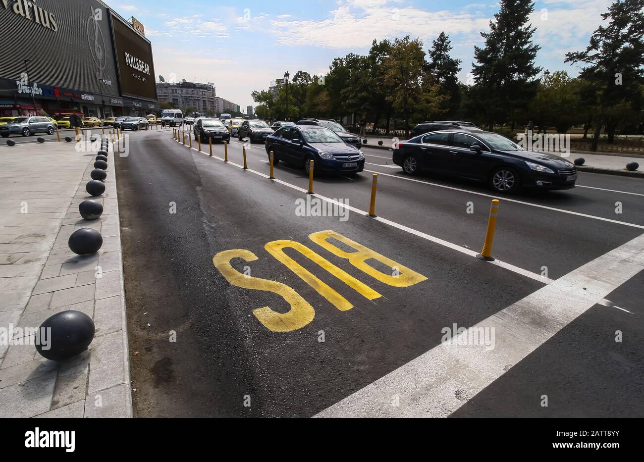 Bucharest, Romania - September 19, 2019: An empty bus lane in Unirii ...
