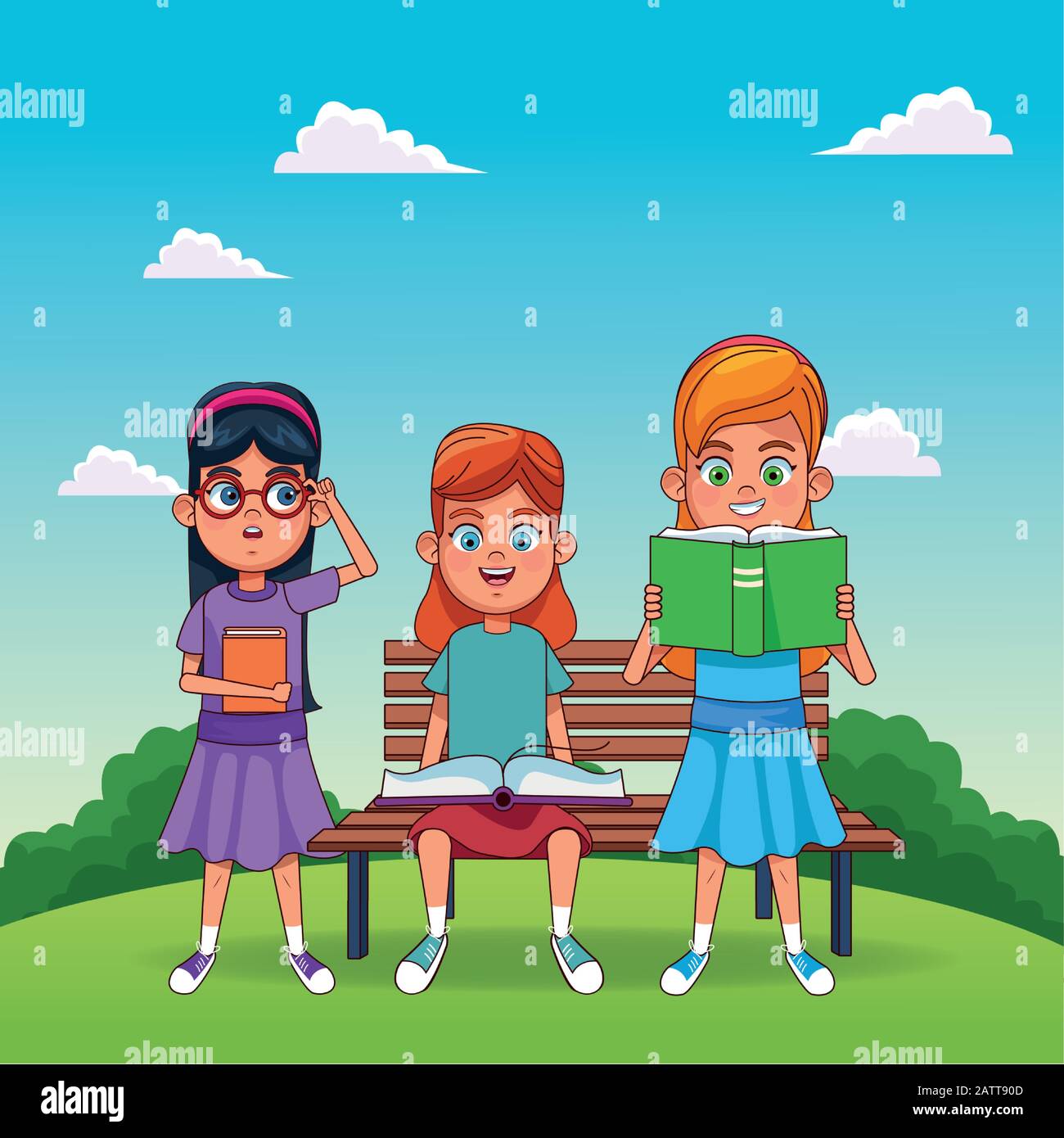 Happy girls with books and bench Stock Vector Image & Art - Alamy