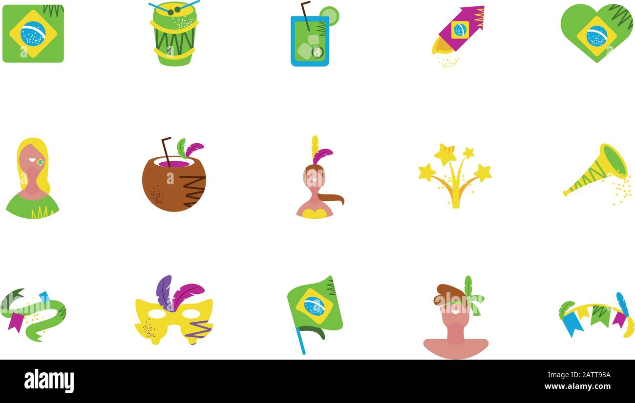 Brazilian carnival icon set design, Culture tourism travel south latin ...