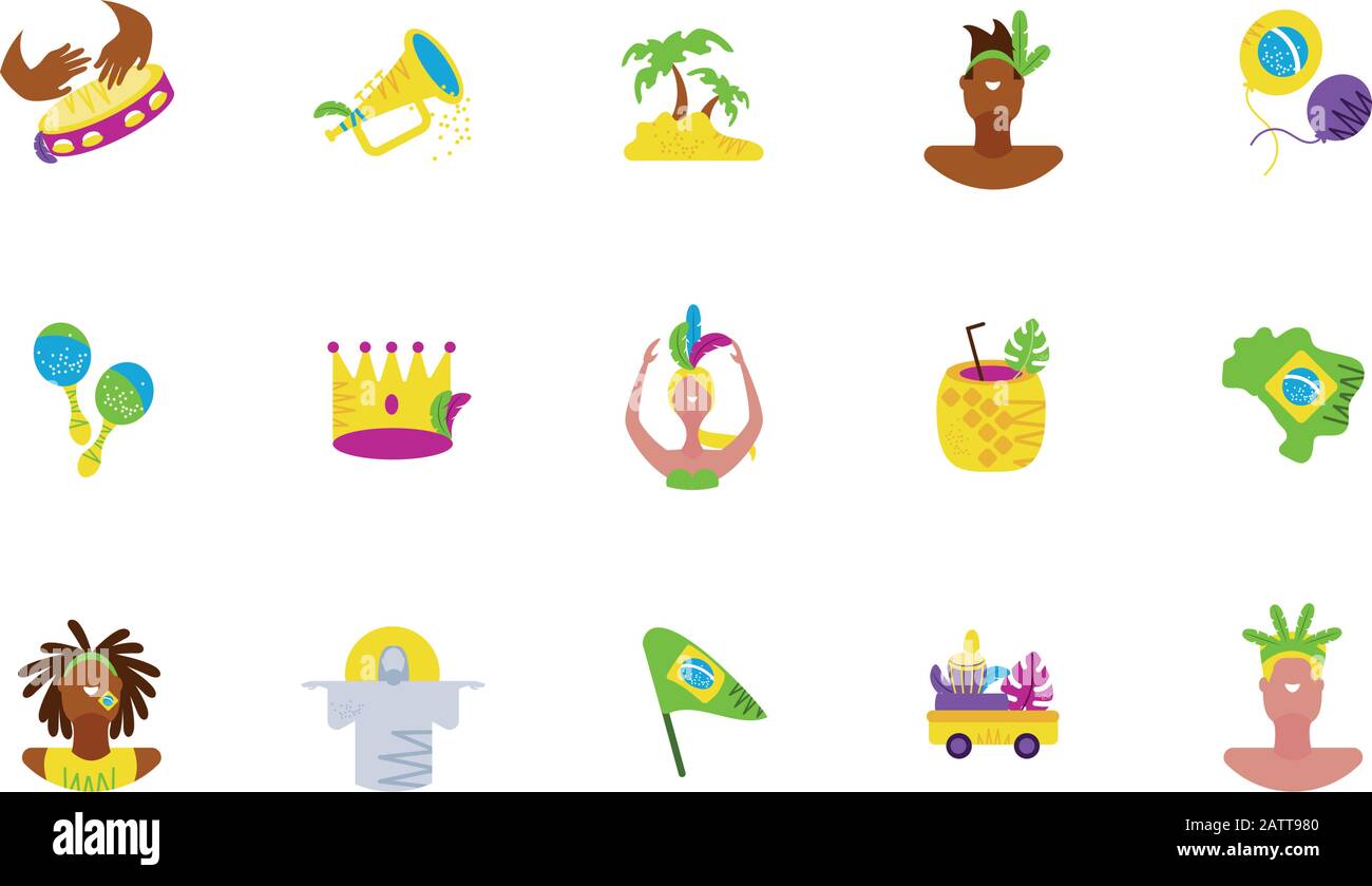 Brazilian carnival icon set design, Culture tourism travel south latin ...