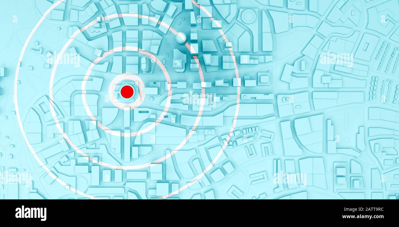 red rings of epicenter in the low poly city top view. 3d rendering ...