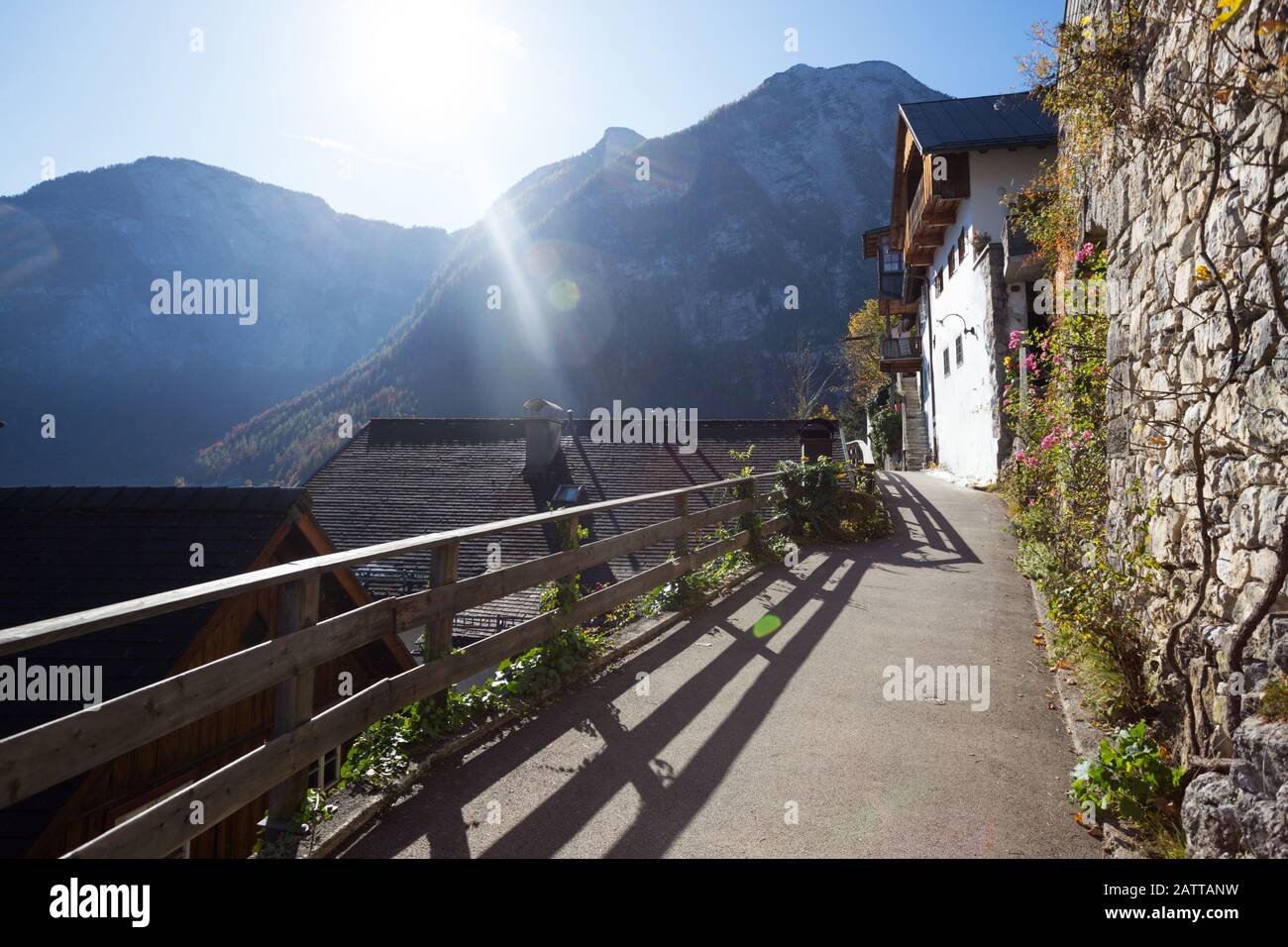 View of beautiful view of the streets of a small famous city Hallstatt ...