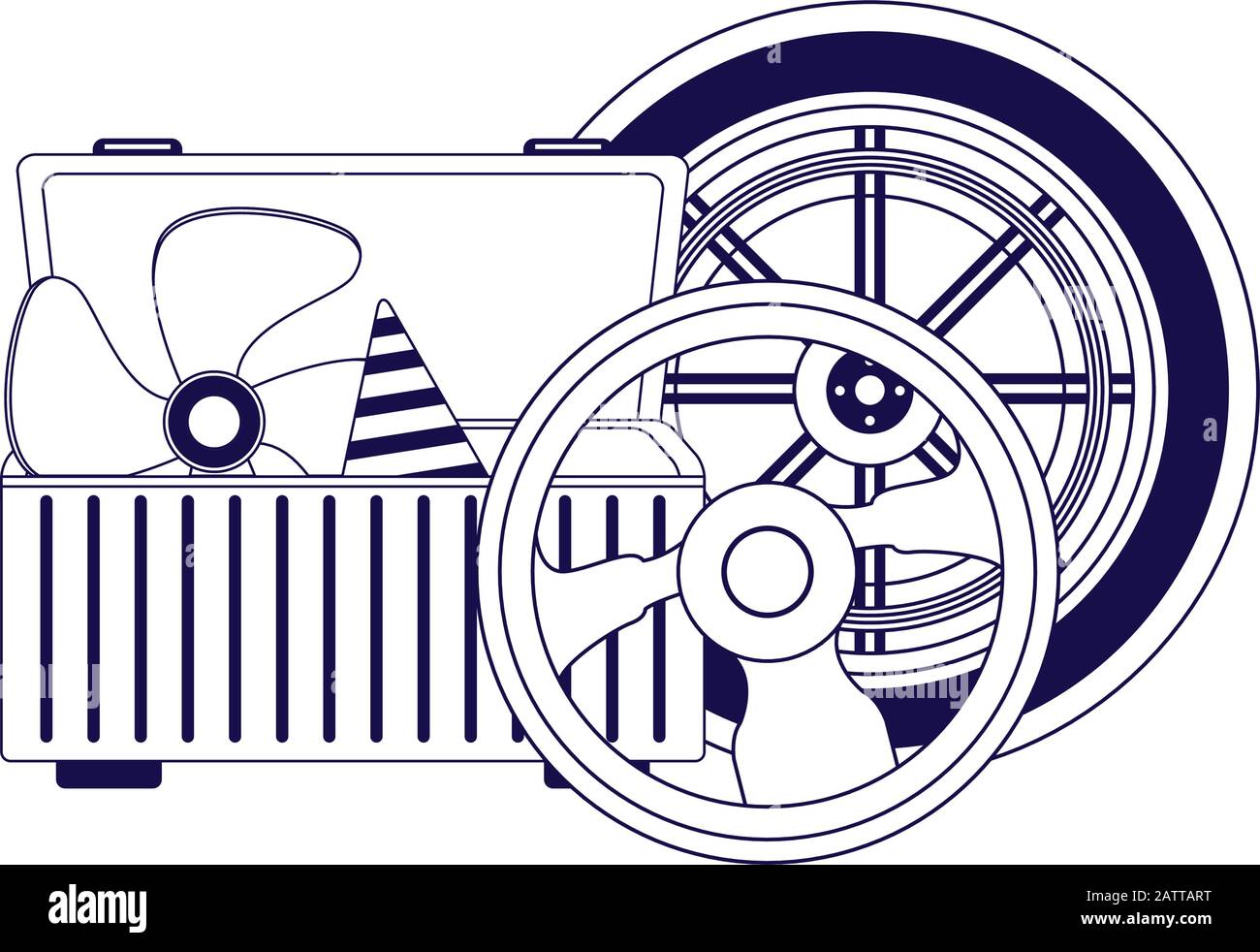 tools box with steering wheel and car tire, flat design Stock Vector ...