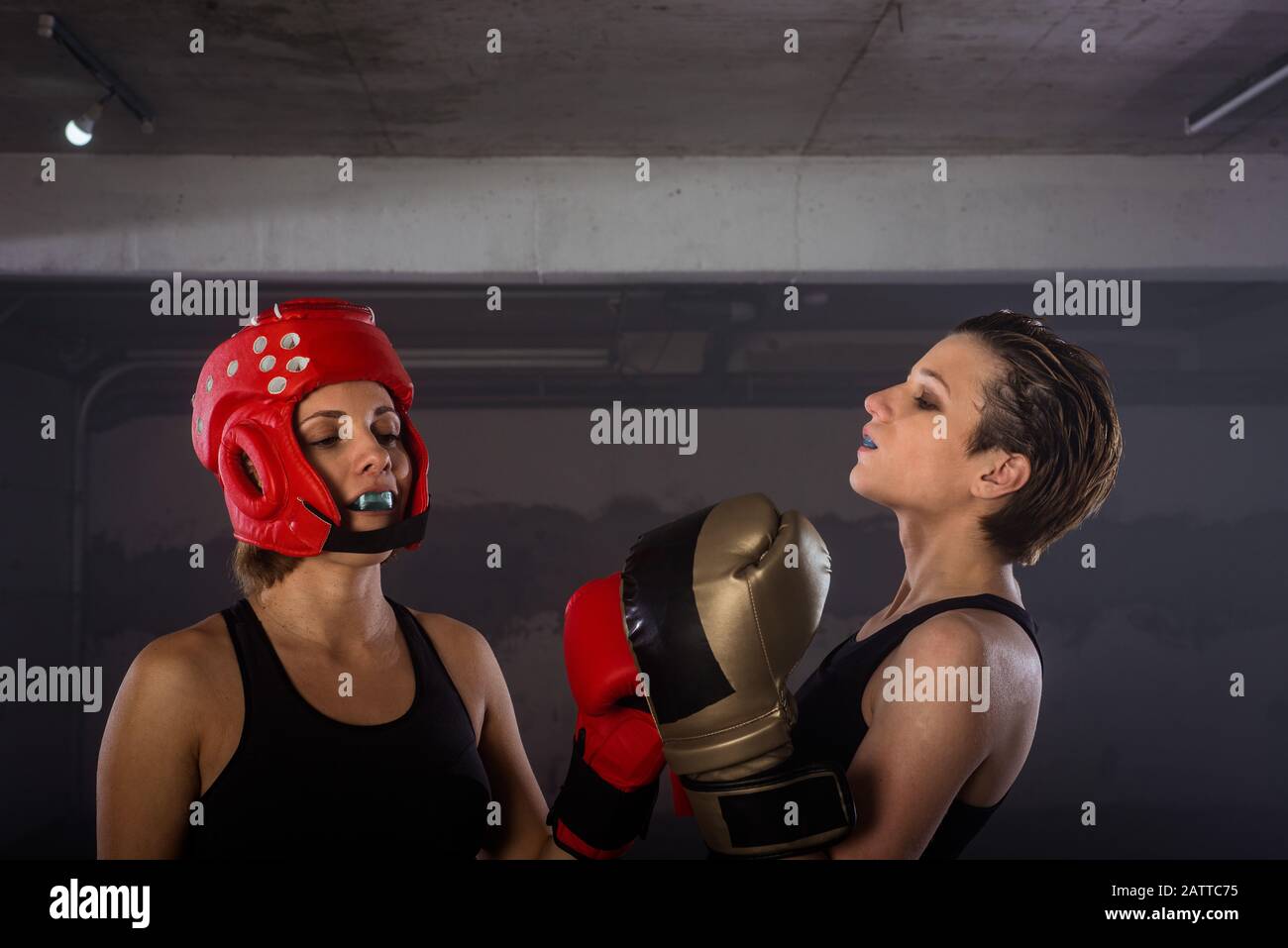 Close-up image of two female boxers with protective equipment ...