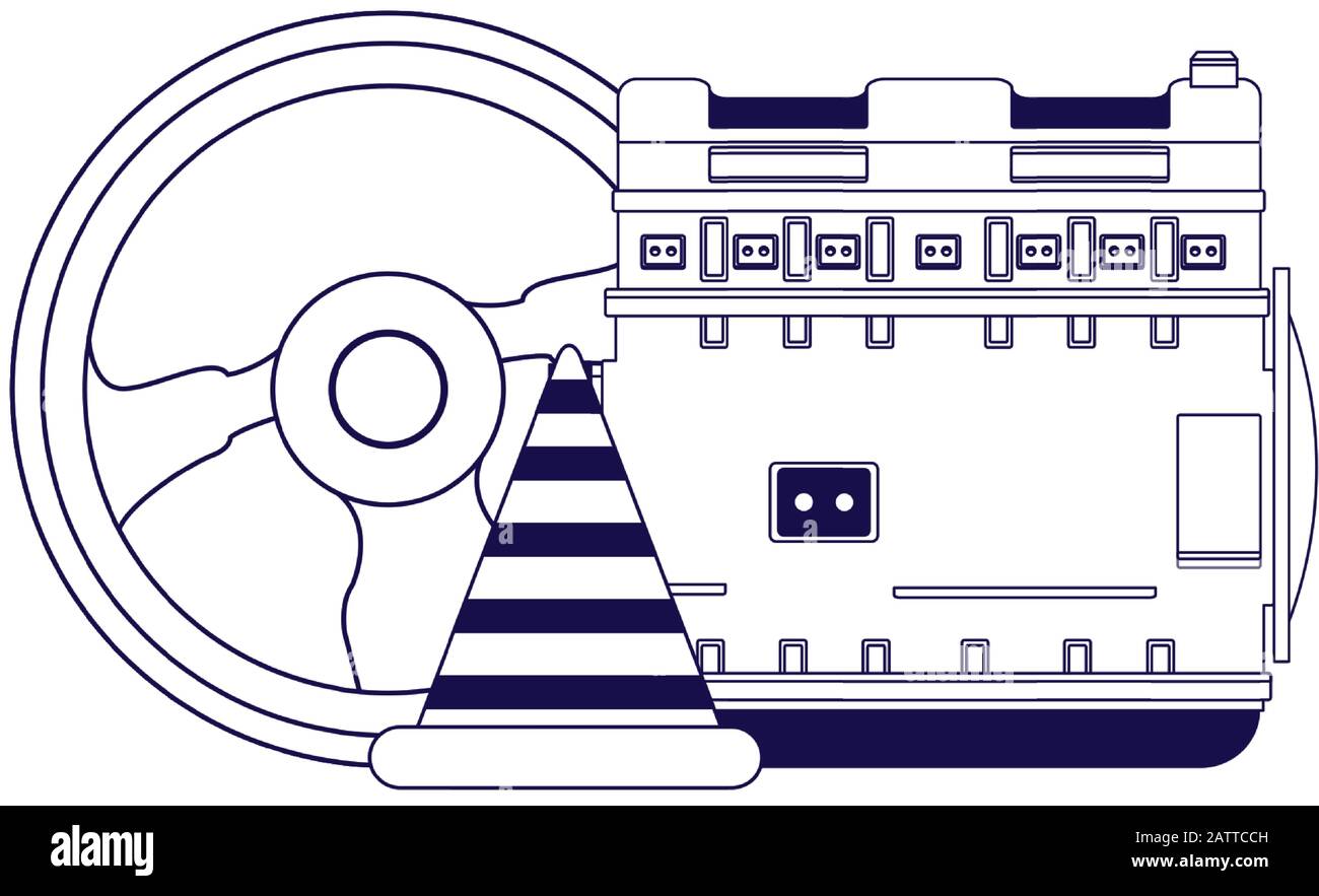 car motor, steering wheel and traffic cone, flat design Stock Vector ...