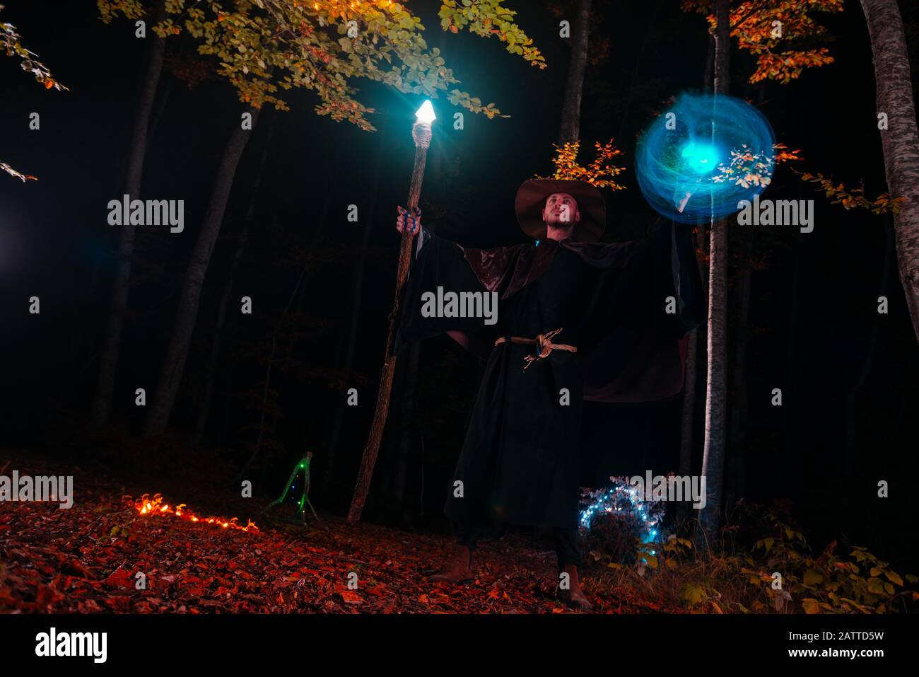 Sorcerer (magician) casting a spell while standing in the magical woods ...