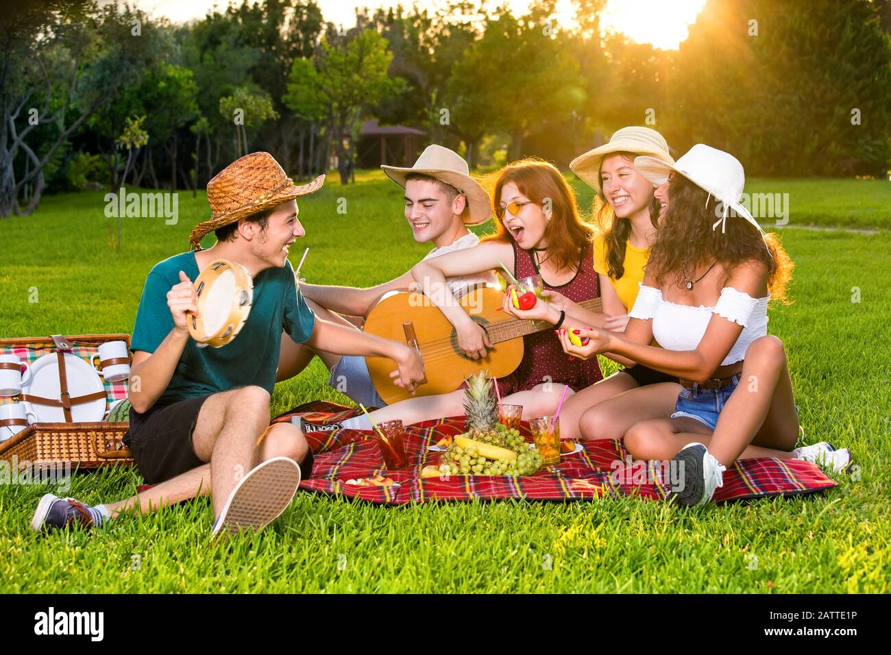 Group of young friends in straw hats singing on summer picnic party ...