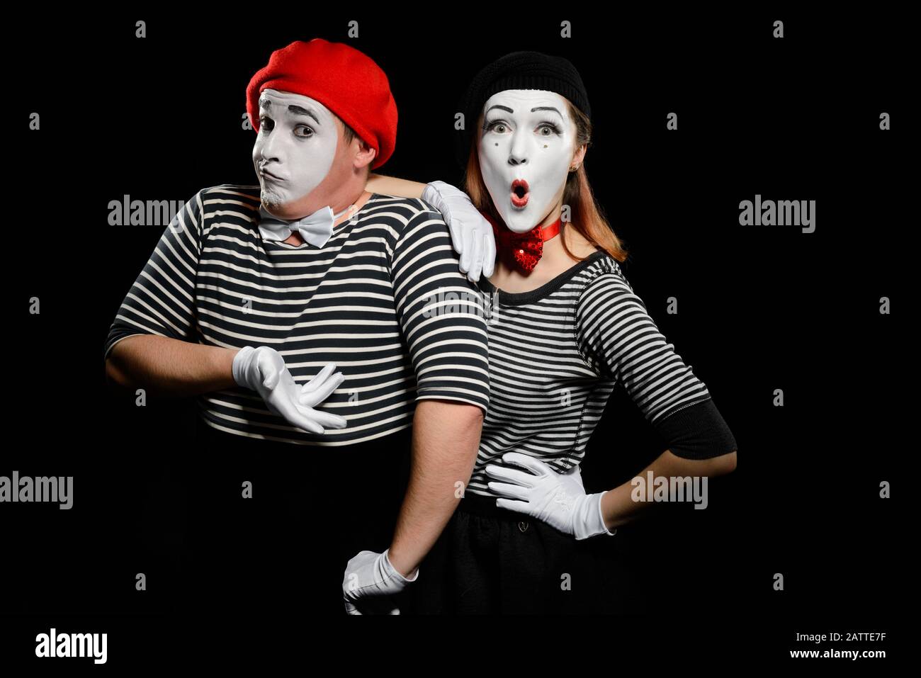 Comedy sketch of mimes. Waist up portrait of man and woman Stock Photo ...