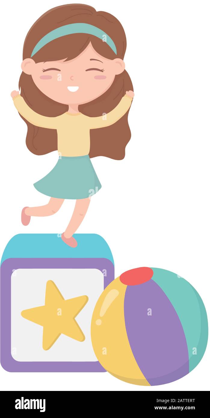 happy childrens day, little girl playing block and ball toys cartoon ...