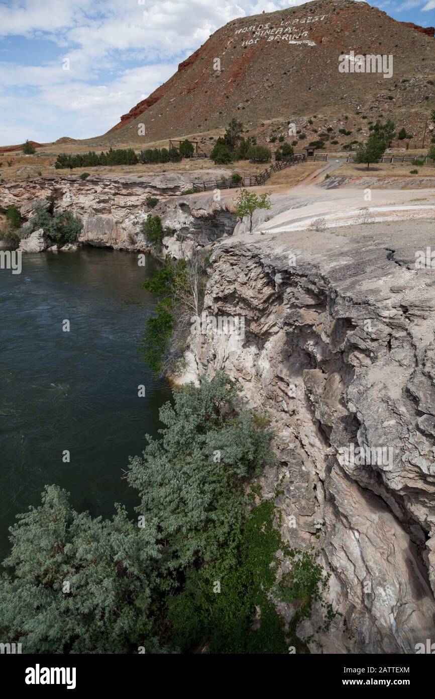 Travertine and gypsum layers left from many years of hot mineral water ...
