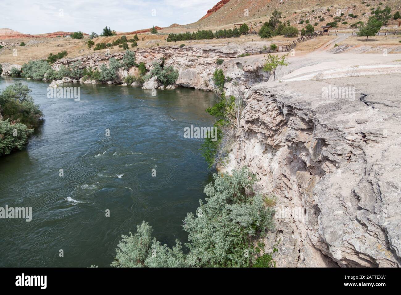 Travertine and gypsum layers left from many years of hot mineral water ...