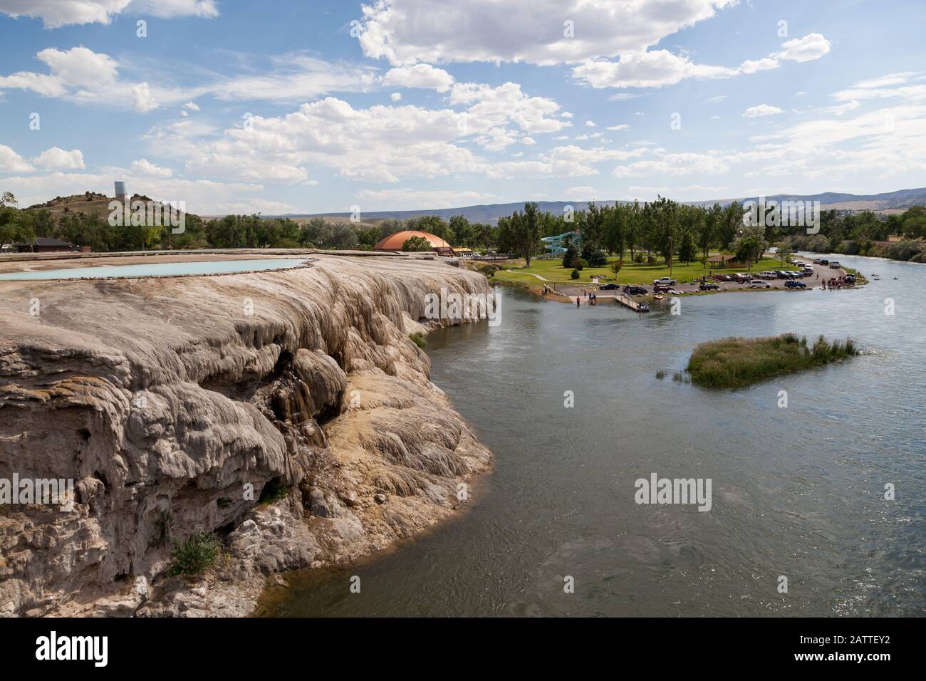 Travertine and gypsum layers left from many years of hot mineral water ...