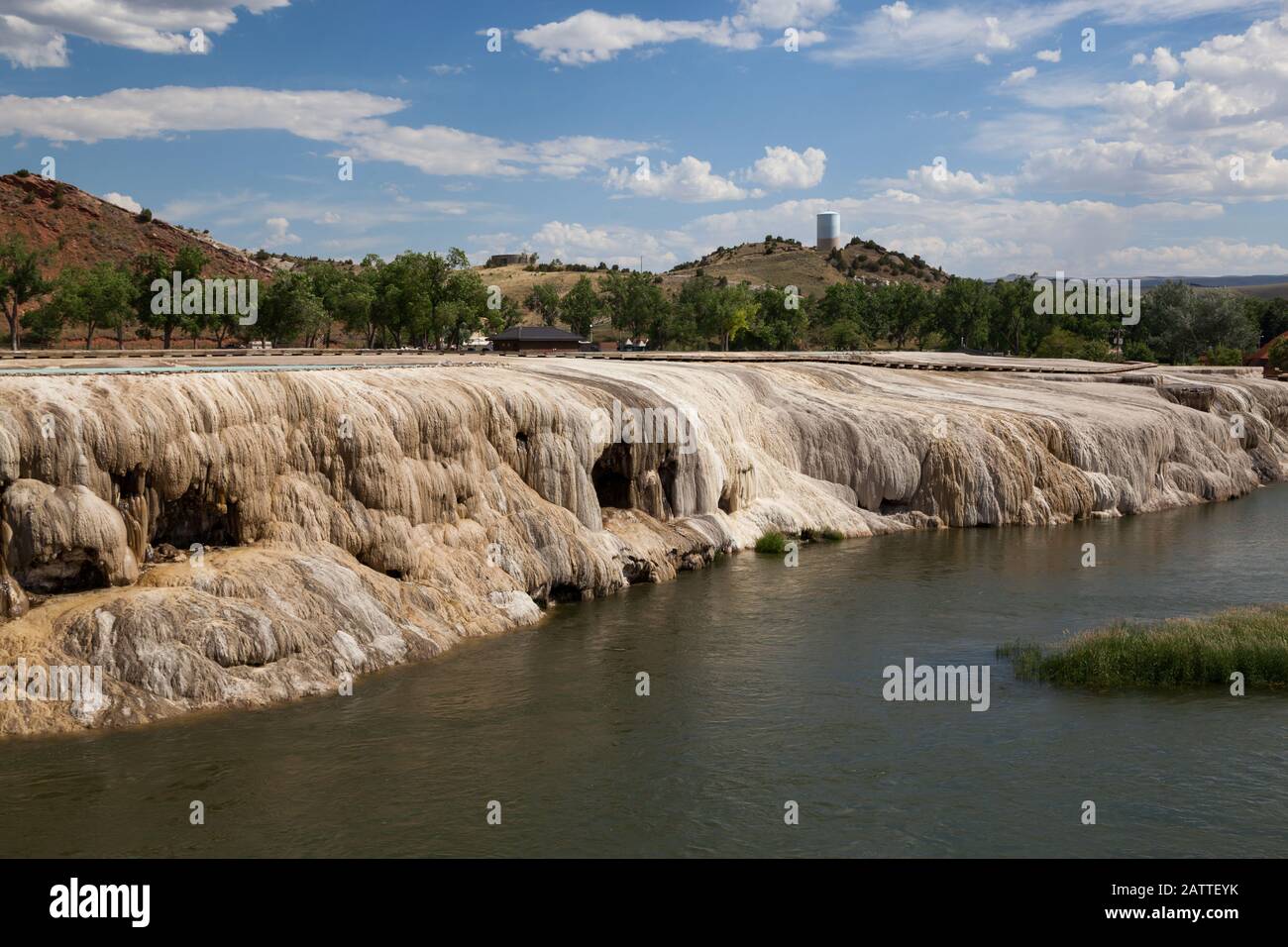 Travertine and gypsum layers left from many years of hot mineral water ...