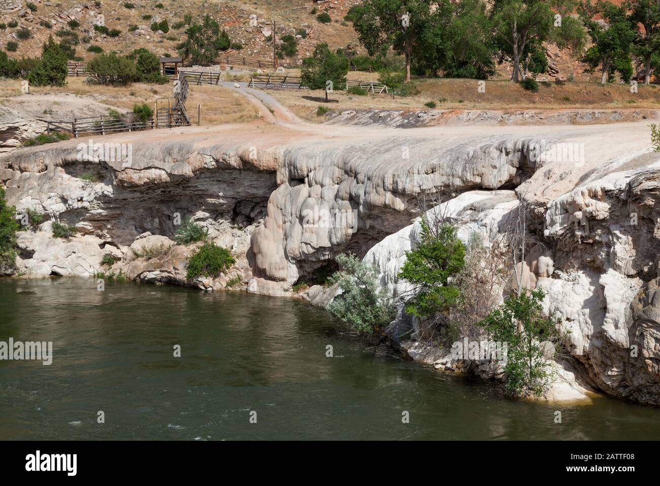 Travertine and gypsum layers left from many years of hot mineral water ...
