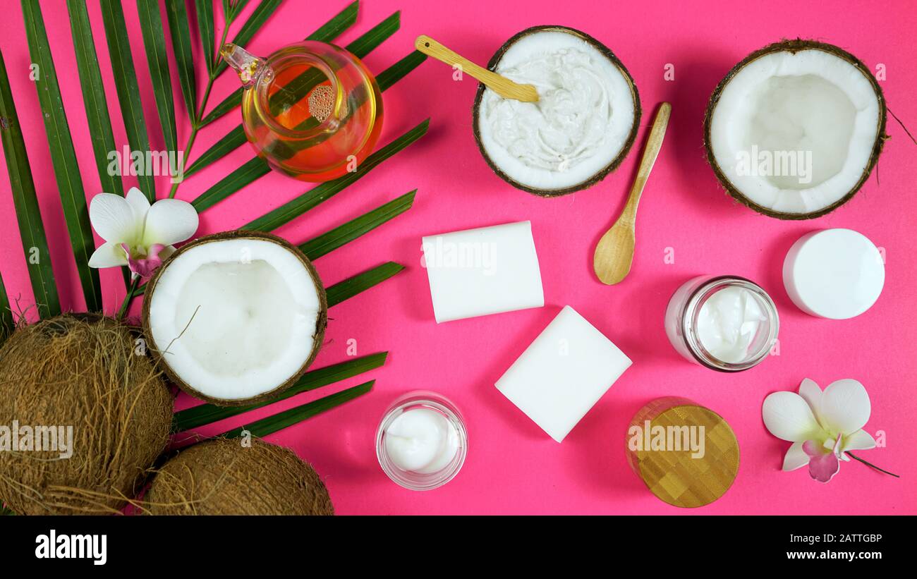 Coconut cosmetics theme flat lay creative layout overhead with pro ...