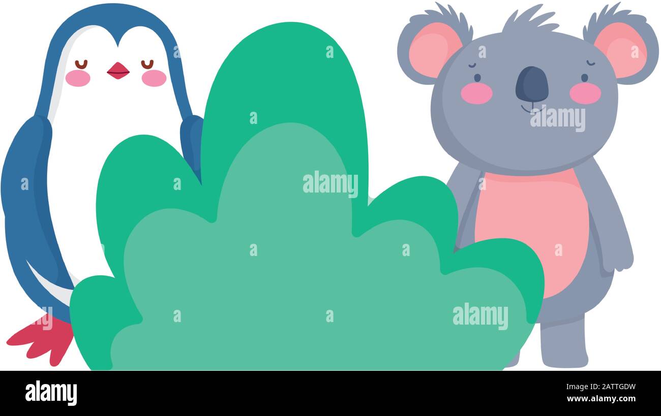 cute penguin and koala foliage bush nature cartoon vector illustration ...