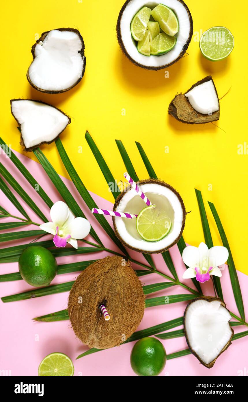 Coconut summertime entertaining theme flat lay creative layout overhead ...