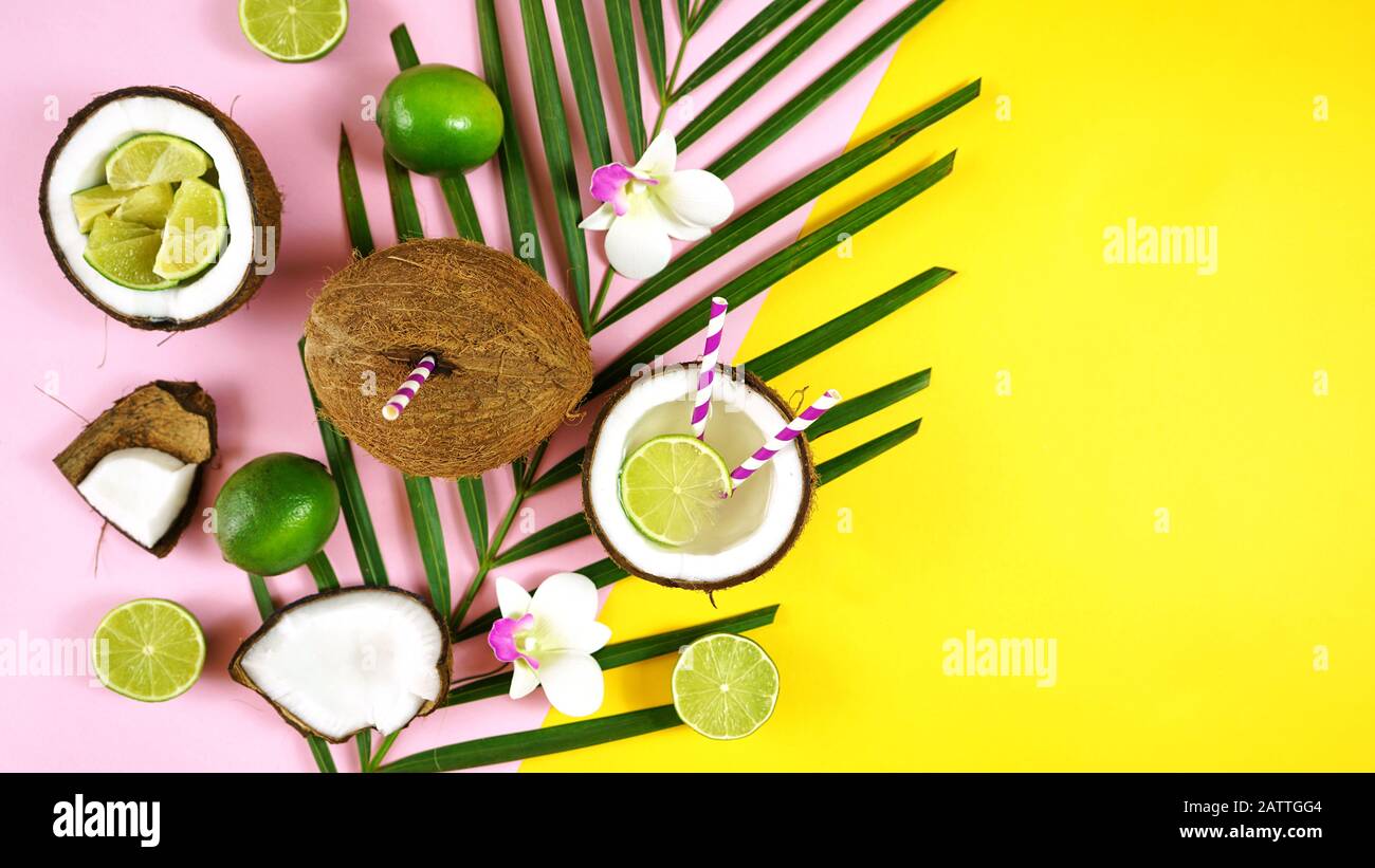 Coconut summertime entertaining theme flat lay creative layout overhead ...
