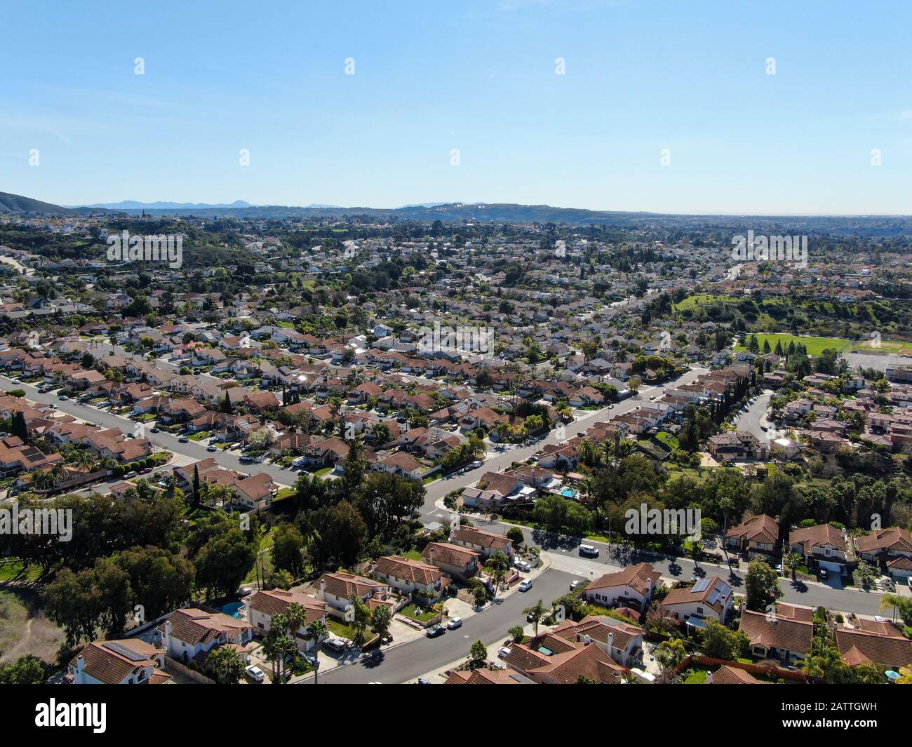 Aerial view of typical suburban neighborhood with big villas next to ...