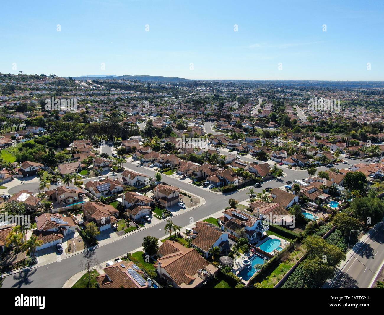 Aerial view of typical suburban neighborhood with big villas next to ...