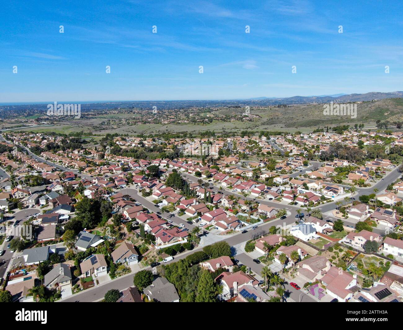 Aerial view of typical suburban neighborhood with big villas next to ...