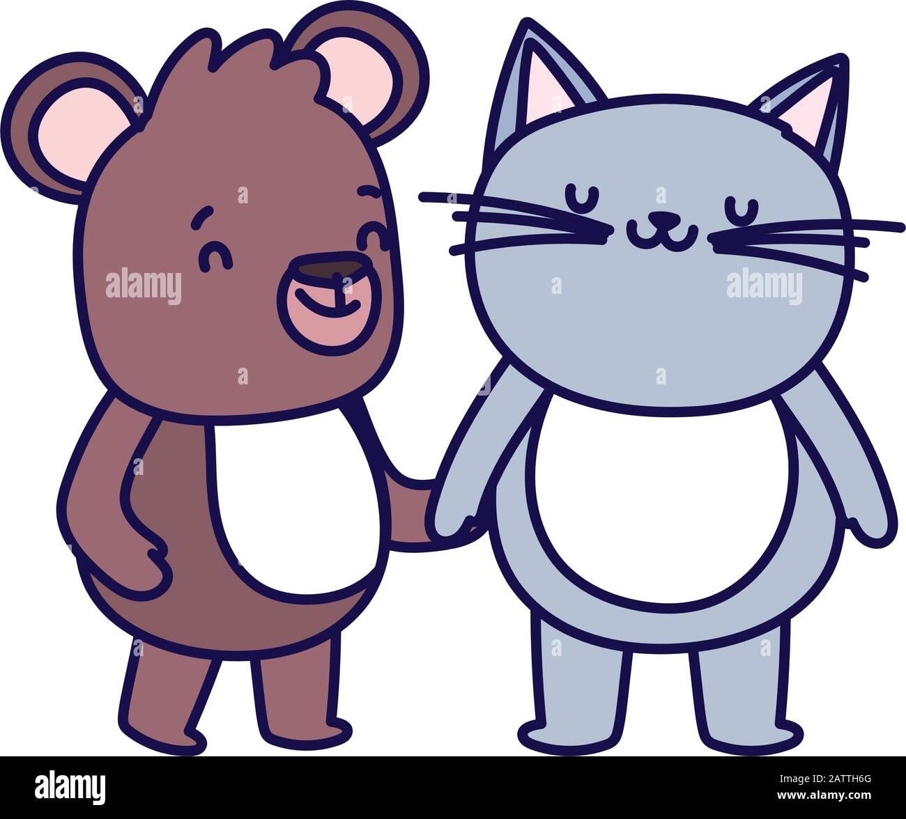 little cat and teddy bear cartoon character on white background vector ...