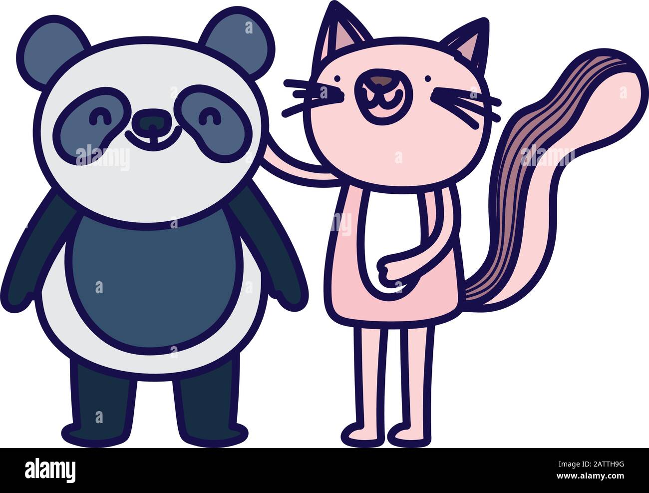 little pink cat and panda cartoon character on white background vector ...