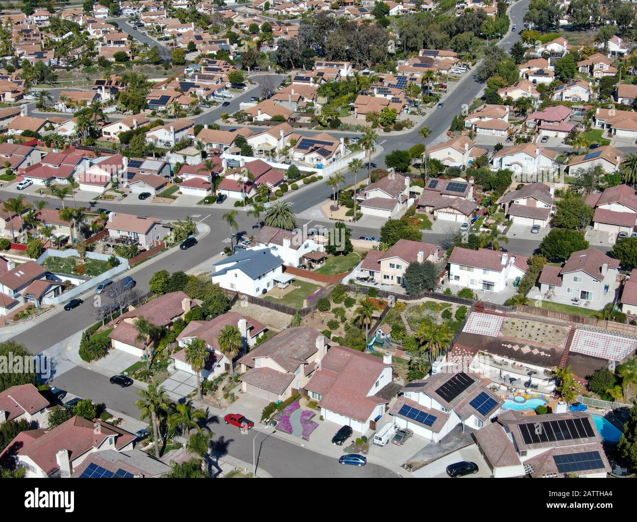 Aerial view of typical suburban neighborhood with big villas next to ...