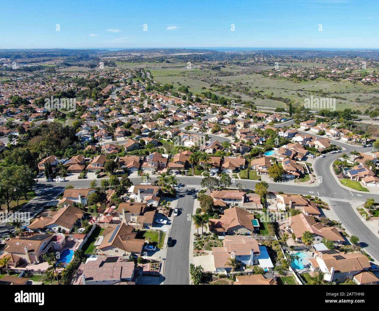 Aerial view of typical suburban neighborhood with big villas next to ...