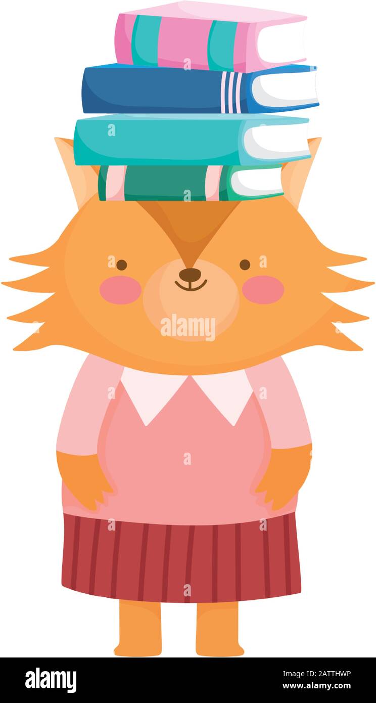 back to school education cute fox with skirt and books on head vector ...