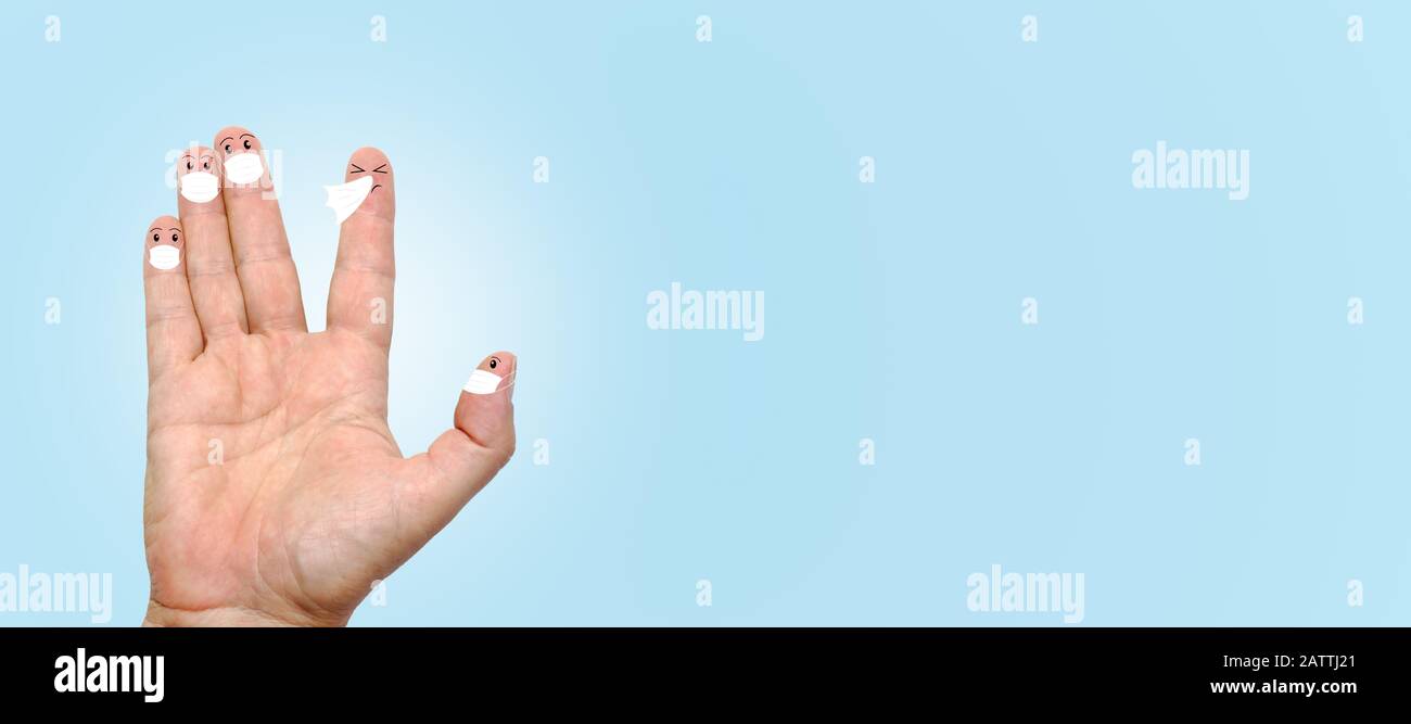 A hand of finger with faces wearing face masks with one finger person ...