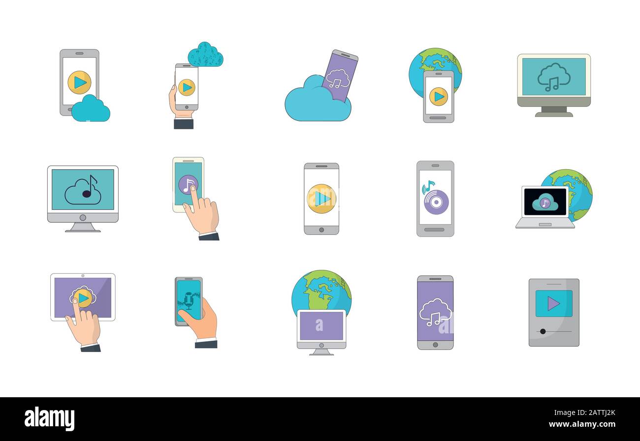 Icon set design, Digital technology music communication social media ...
