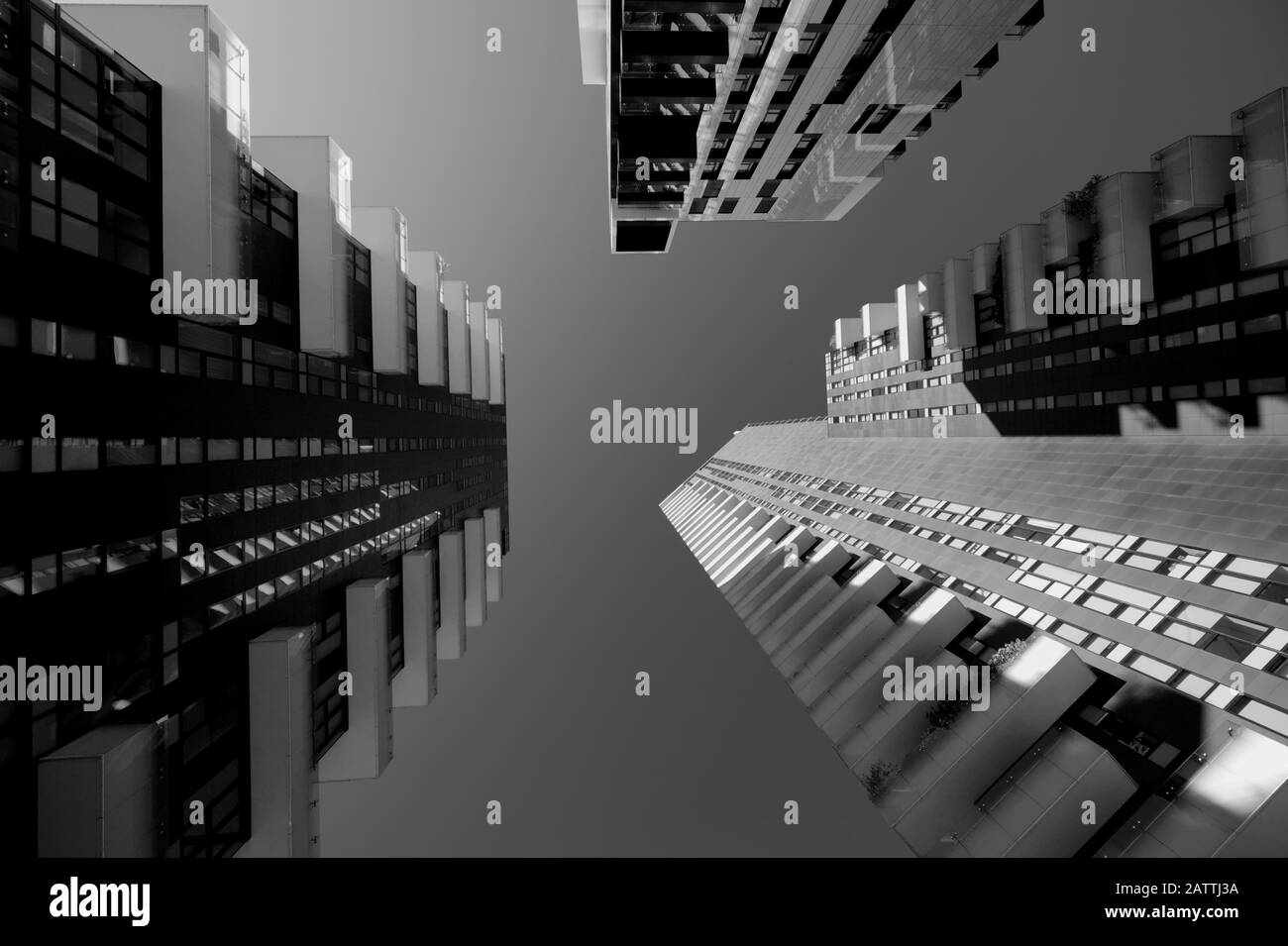 Black & white wide view of Solaria tower (143 m), Aria tower (100 m ...