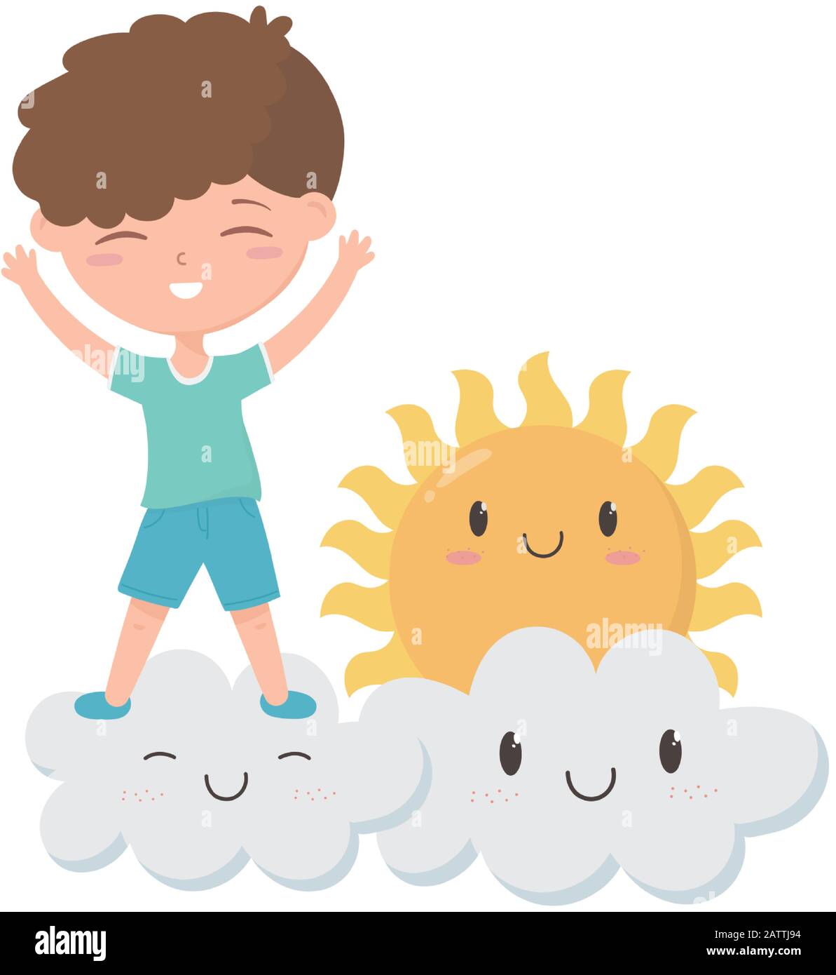 happy childrens day, little boy playing clouds sun cartoon character ...