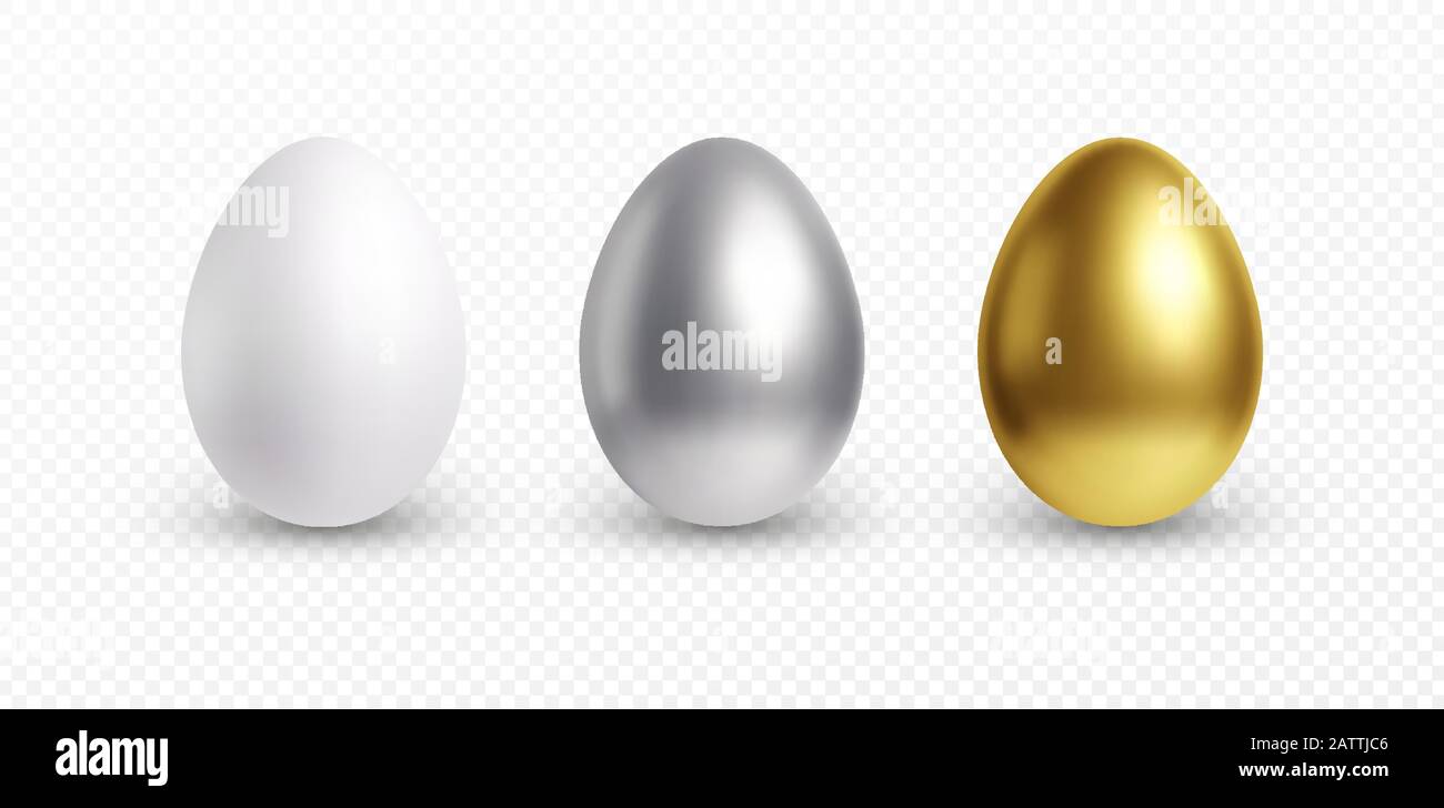 Set of different 3D realistic, shiny, golden, holographic Easter eggs isolated on white ...