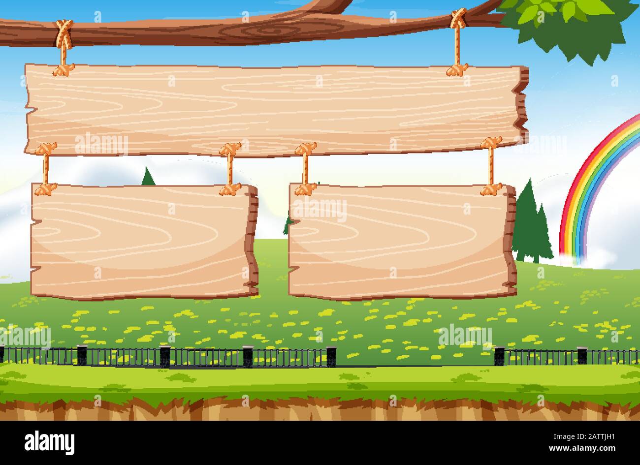 Three wooden signs hanging on the tree illustration Stock Vector Image ...