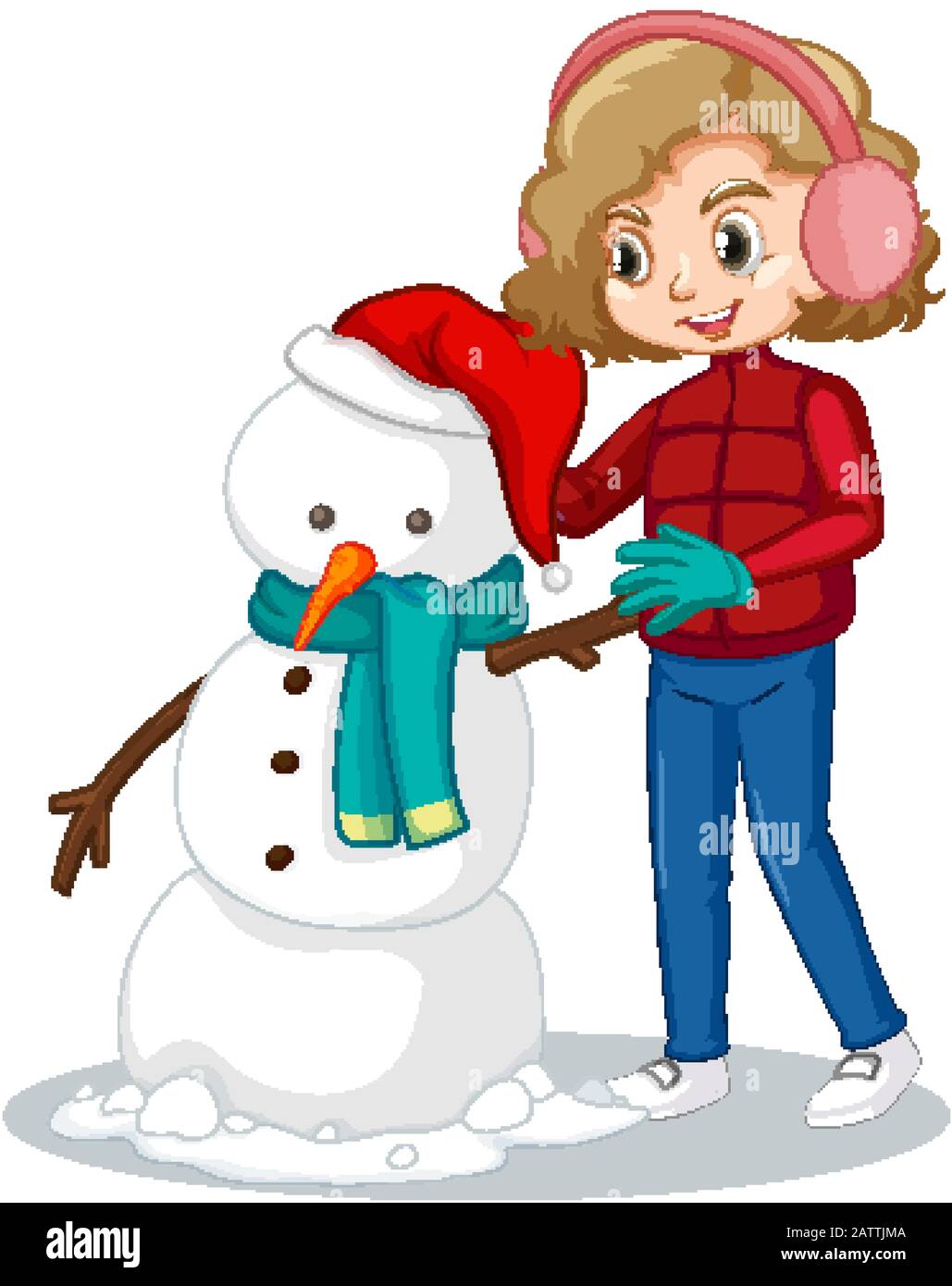 Cute girl making snowman in the snow field illustration Stock Vector ...