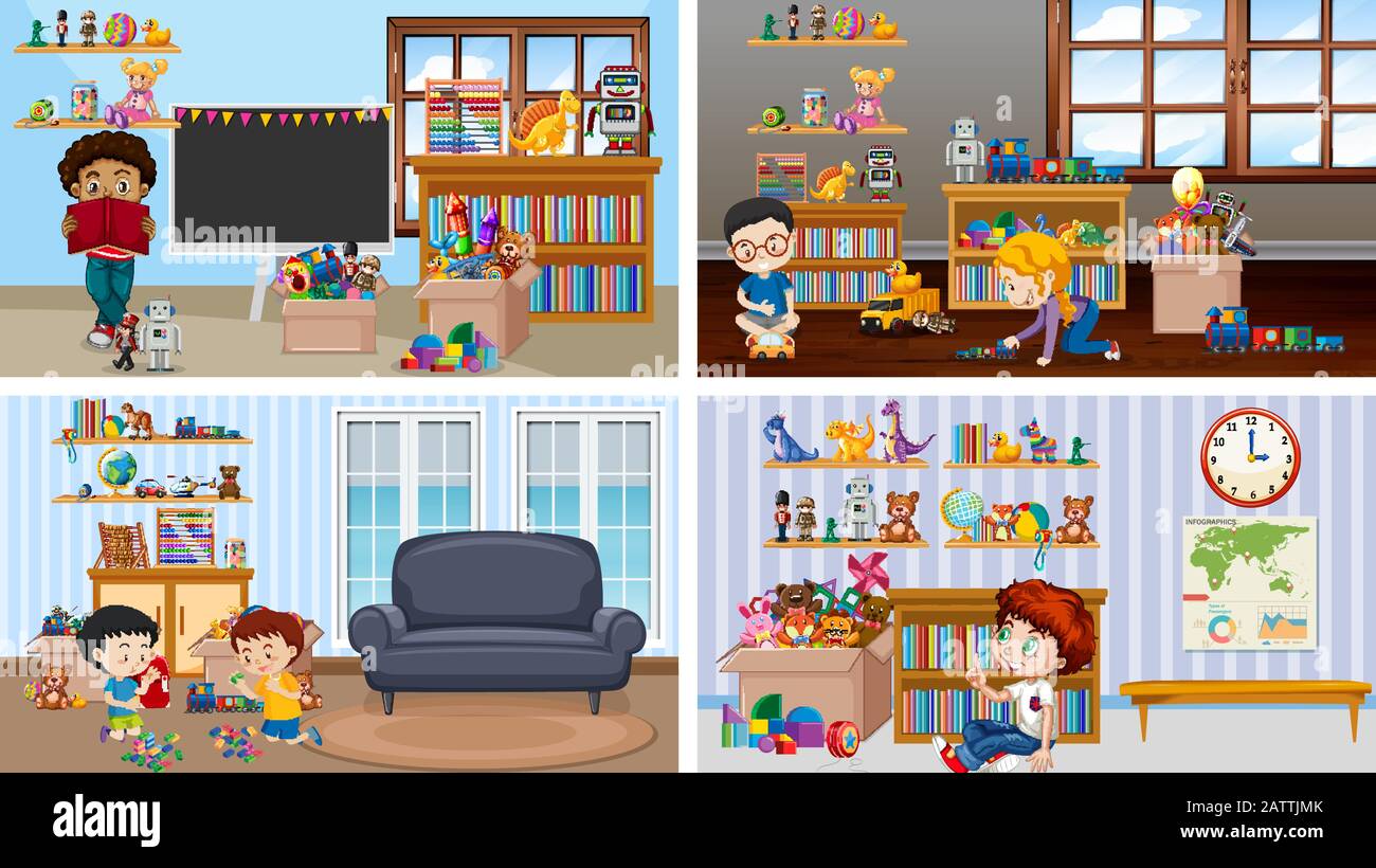 Four scenes with children playing in different rooms illustration Stock ...