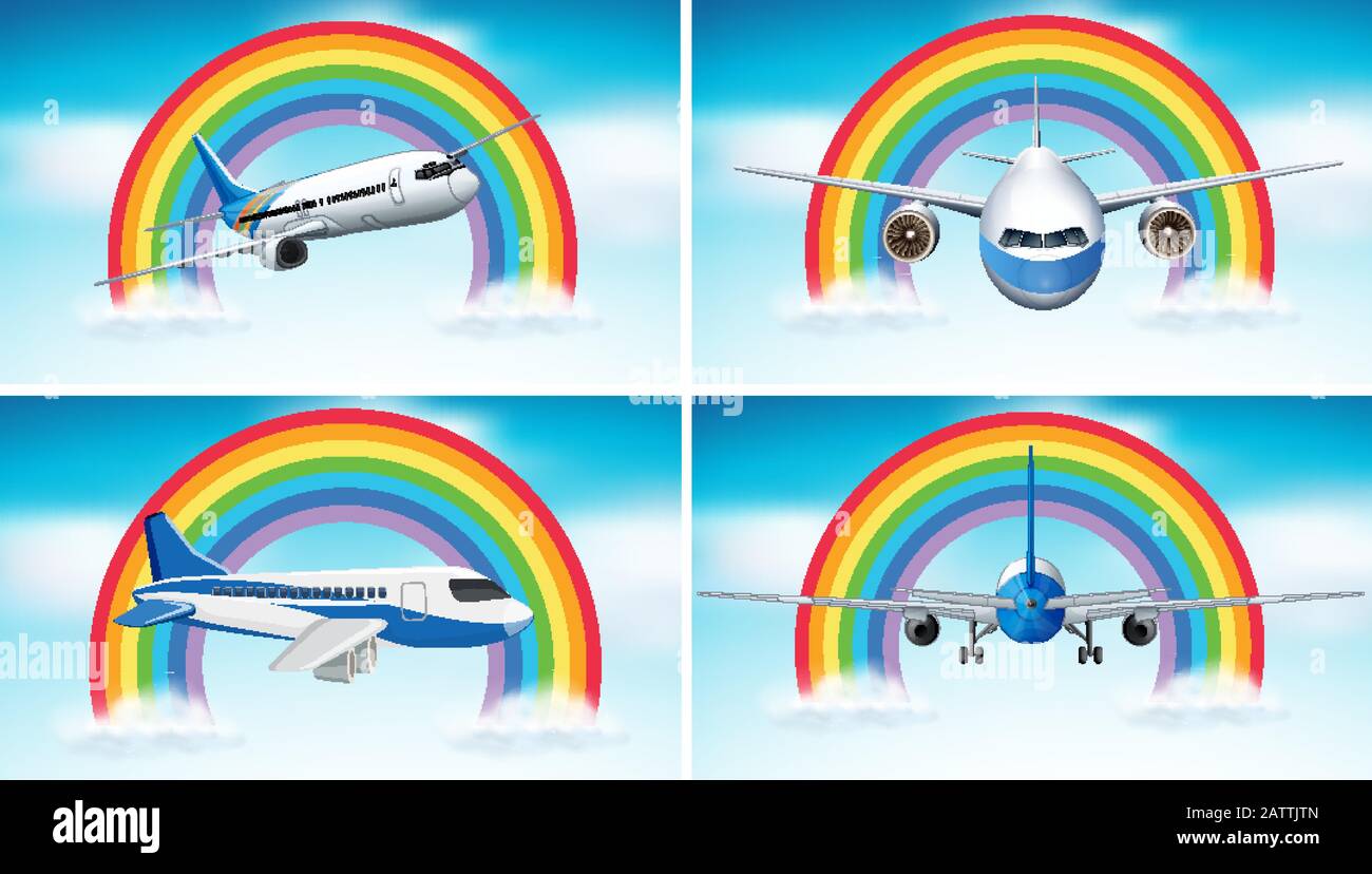 Four scenes of airplane flying in the sky with rainbow background ...