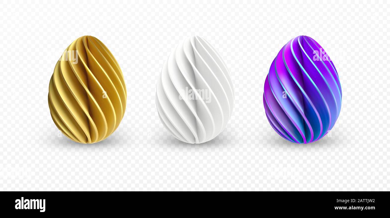 Set of different 3D realistic, shiny, golden, holographic Easter eggs isolated on white ...