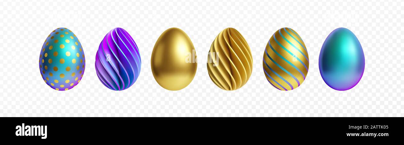 Set of different 3D realistic, shiny, golden, holographic Easter eggs isolated on white ...
