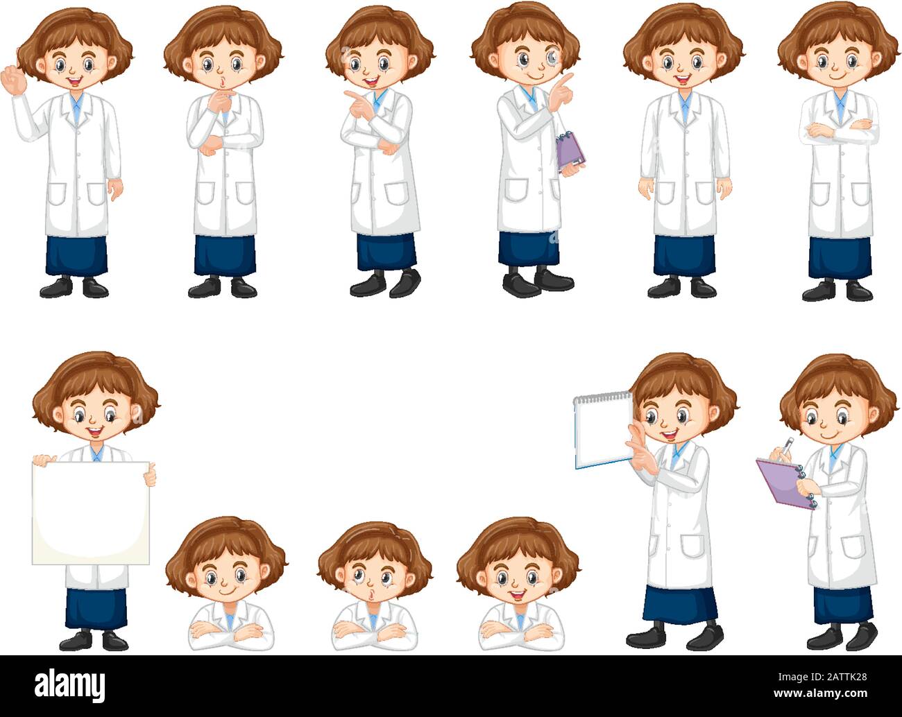 Set of girl in science gown doing different acts illustration Stock ...