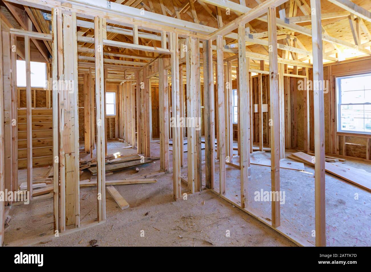 Interior framing beam of new house under construction home framing beam ...