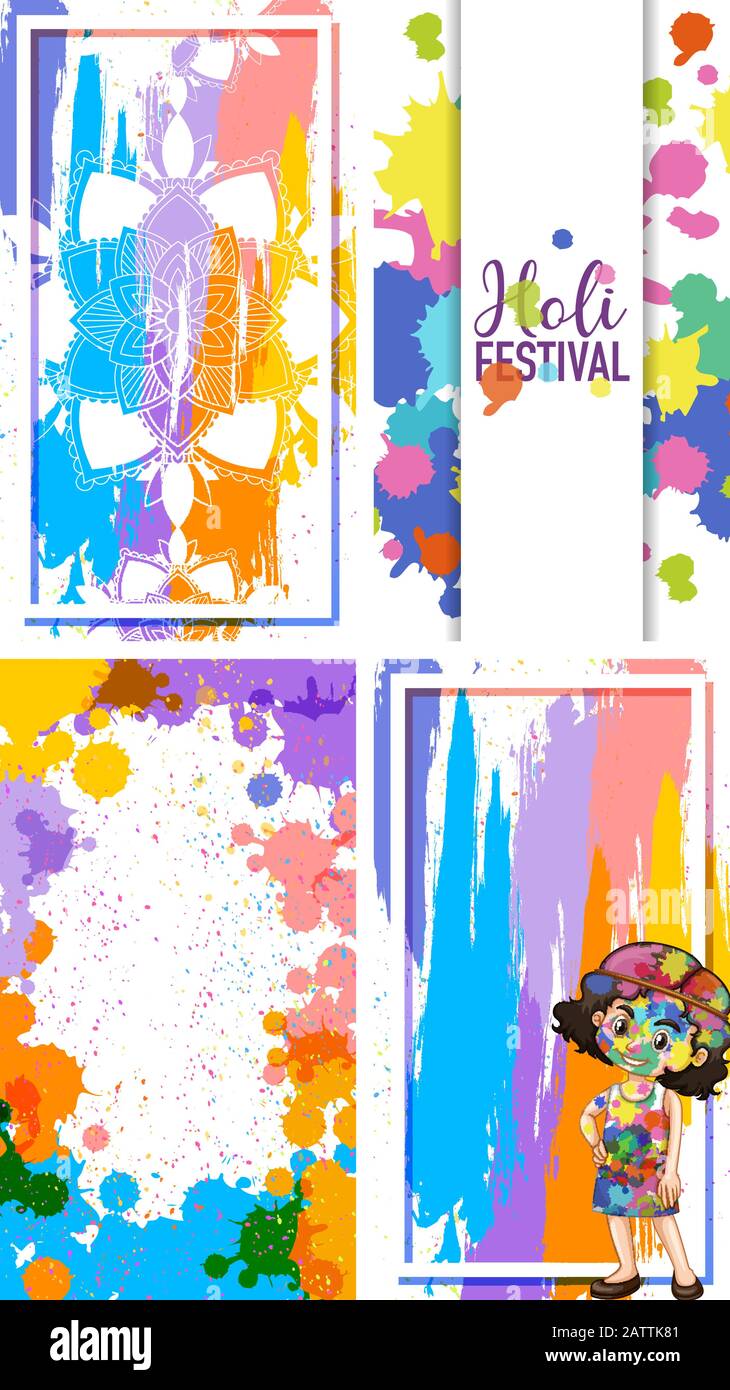 Four frame designs for Holi festival with colorful watercolor paints ...