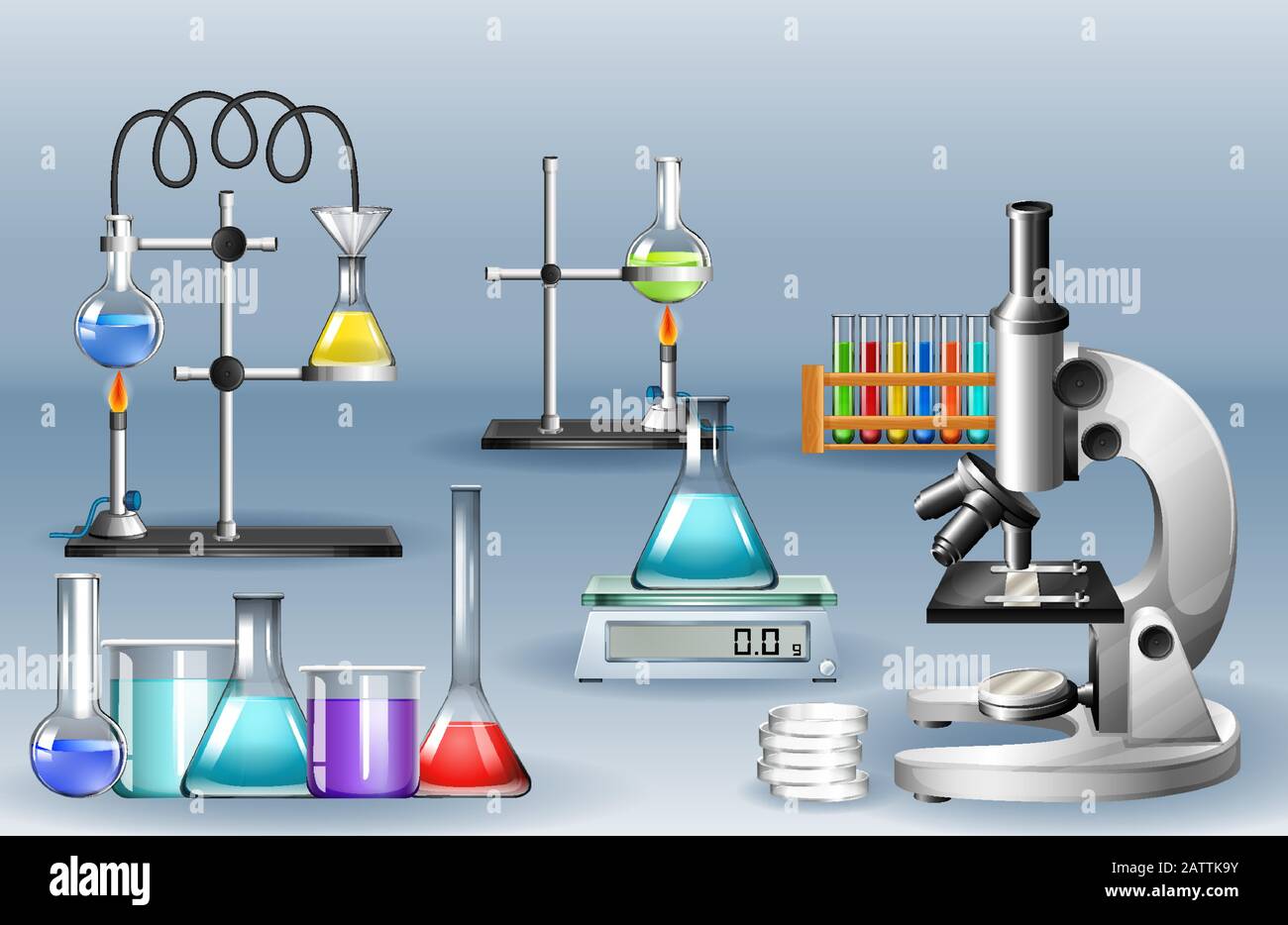 Lab equipments with beakers and micorscope illustration Stock Vector ...