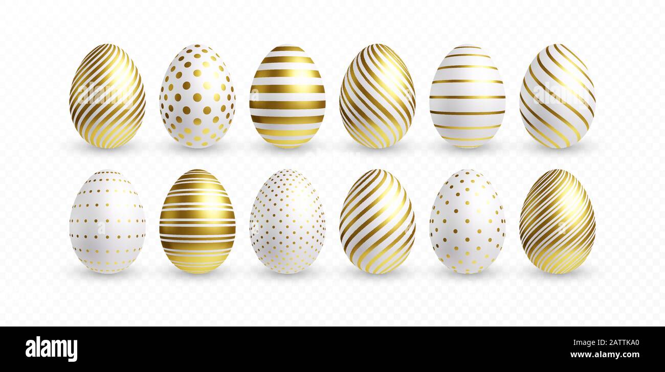 Set of different 3D realistic, shiny, golden, holographic Easter eggs isolated on white ...