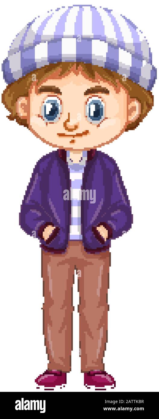Boy wearing purple jacket and hat on white background illustration ...