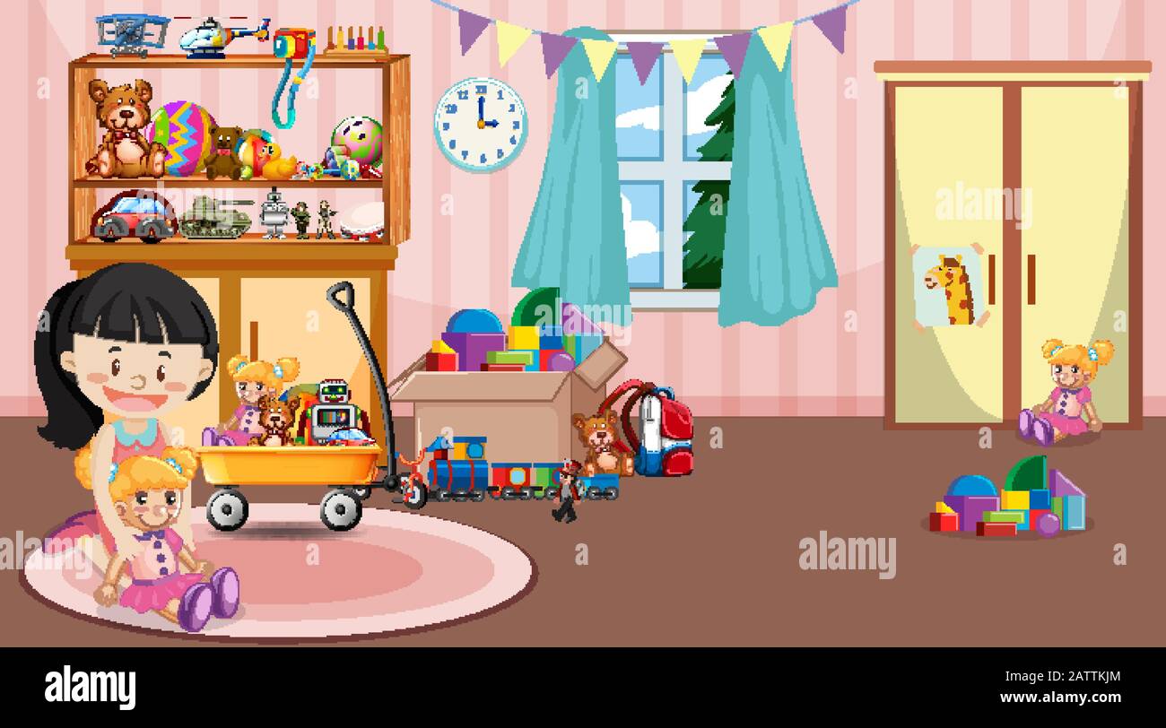 Scene with girl playing toys in the room illustration Stock Vector ...