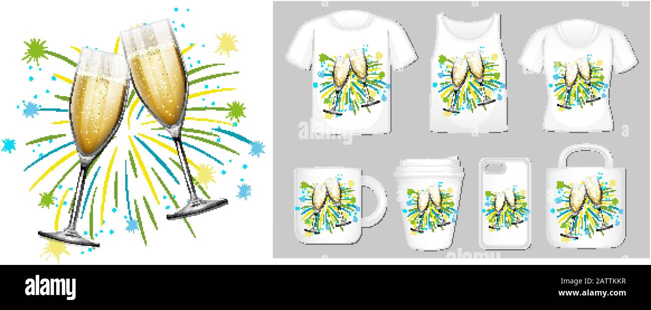 Two champagne glasses on many product templates illustration Stock ...